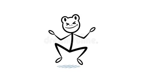 Playful Stick Figure With A Happy Frog Head In A Crouching Or Jumping