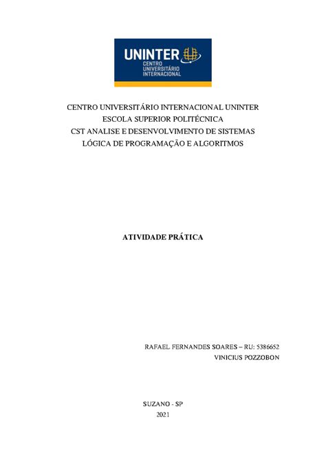 Atividade Pratica Logica De Programacao Centro UniversitÁrio Internacional Uninter Escola