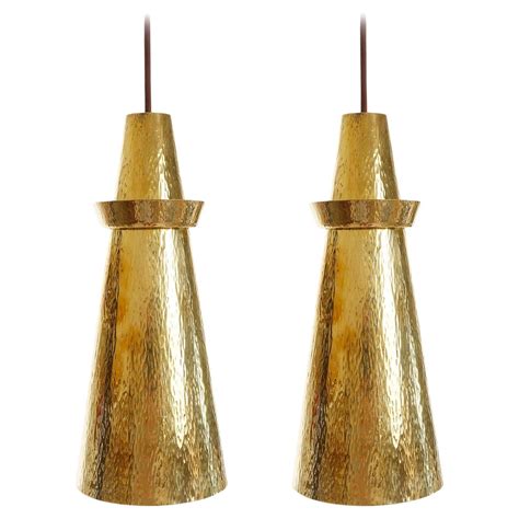 Pair Of Mid Century Modern Pendant Lights Hammered Polished Brass