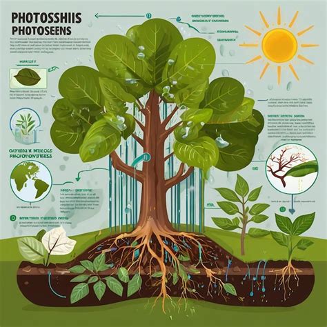 Photosynthesis Process Tree Produce Oxygen Using Rain And Sun Diagram