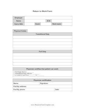 Return To Work Form Template Return To Work Form Template