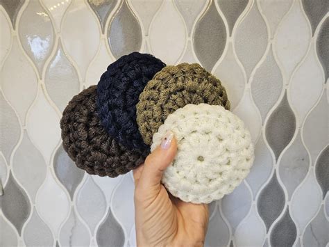 Navy Blue And Brown Set Of Dish Scrubbies Round Pot Scrubby Crocheted