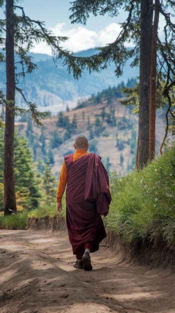 Monk Walking Hike In Bhutan Premium Ai Generated Image
