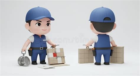 Chibi Korean Male Tile Setter 3d Render Blue Uniform Cartoon Character With Tools Isolated On