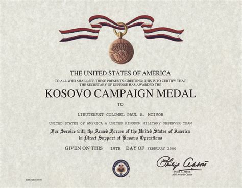 Kosovo Campaign Medal Recognition Certificate