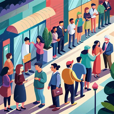 People Lined Up In A Queue Waiting Outside A Building Premium Ai