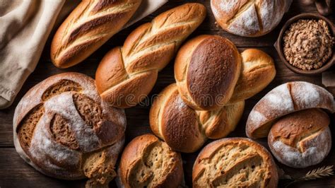 Freshly Baked Bread Assortment With Different Textures And Shapes Stock