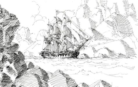 The Devils Pass A Black And White Drawing Of A Boat In The Water