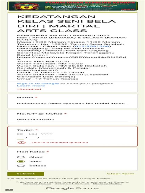 Martial Arts Class Registration 2023 Pdf