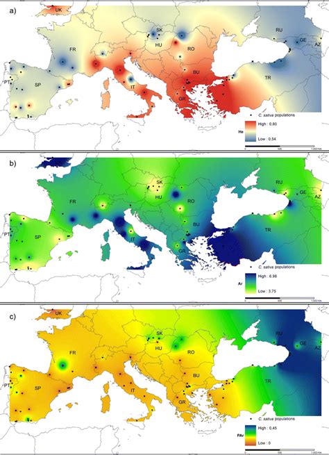 genetic diversity maps of 73 european chestnut populations idw