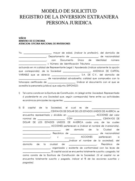 Modelo Solicitud De Registro De La Inversión Extranjera Persona