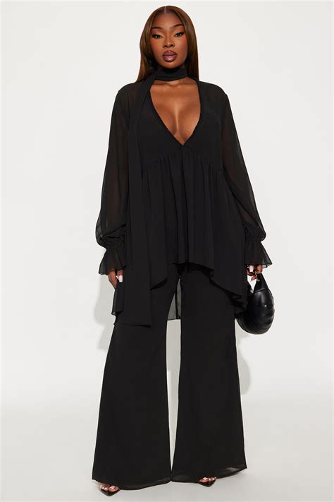 Karina Flowy Chiffon Wide Leg Pant Set Black Fashion Nova