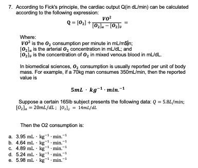 According To Ficks Principle The Cardiac Output Q