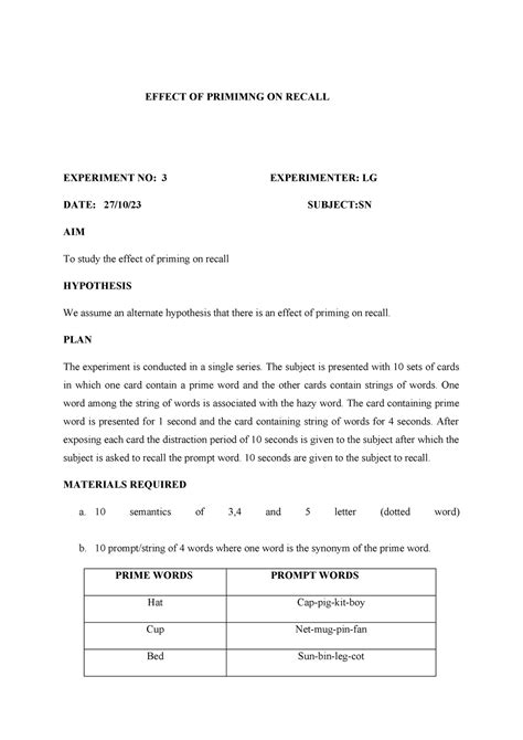 priming practical effect of primimng on recall experiment no 3