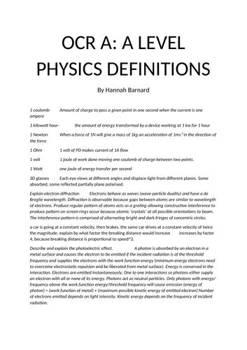 Ocr A A Level Physics Year 1 Definitions Teaching Resources