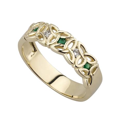 9k Gold Trinity Knot Ring With Emeralds And Cubic Zirconia