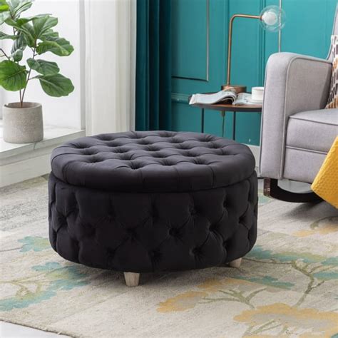 Costaelm Hank Round 295 Velvet Tufted Storage Ottoman Black