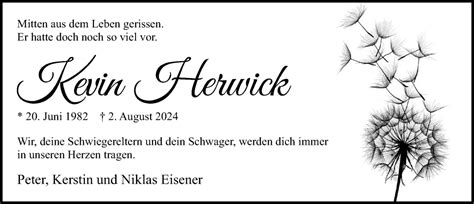 Traueranzeigen Von Kevin Herwick Trauer Anzeigende