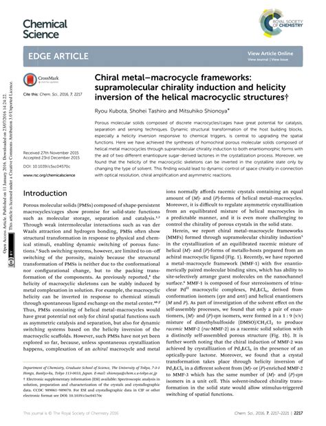 Pdf Chiral Metal Macrocycle Frameworks Supramolecular Chirality Induction And Helicity