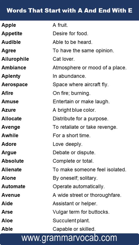 Words That Start With A And End With E Grammarvocab