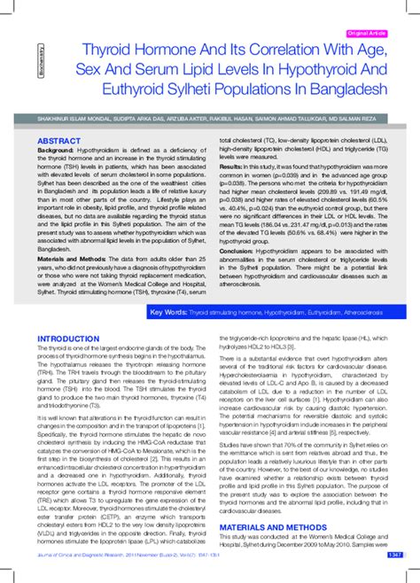 Pdf Thyroid Hormone And Its Correlation With Age Sex And Serum Lipid