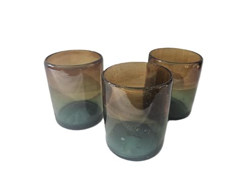 Vintage Mexican Bubble Glass Tumblers Ombre Amber Blue Green Glasses