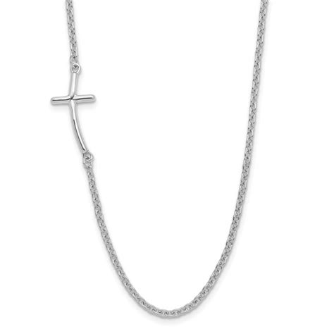 Sterling Silver Rh Plated Small Off Set Sideways Curved Cross Necklace