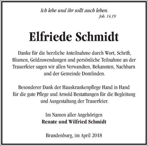 Traueranzeigen Von Elfriede Schmidt Märkische Onlinezeitung Trauerportal