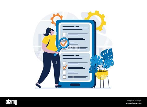 online survey concept with people scene in flat cartoon design woman