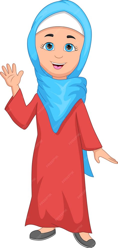 Chica Musulmana De Dibujos Animados Saludando Vector Premium