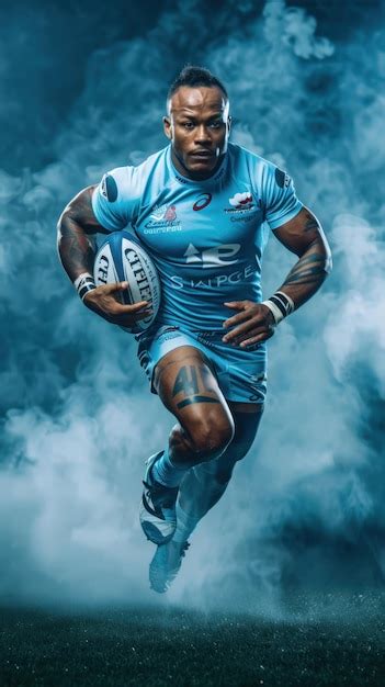 Full Charge A Powerful Rugby Player In Action Premium Ai Generated Image