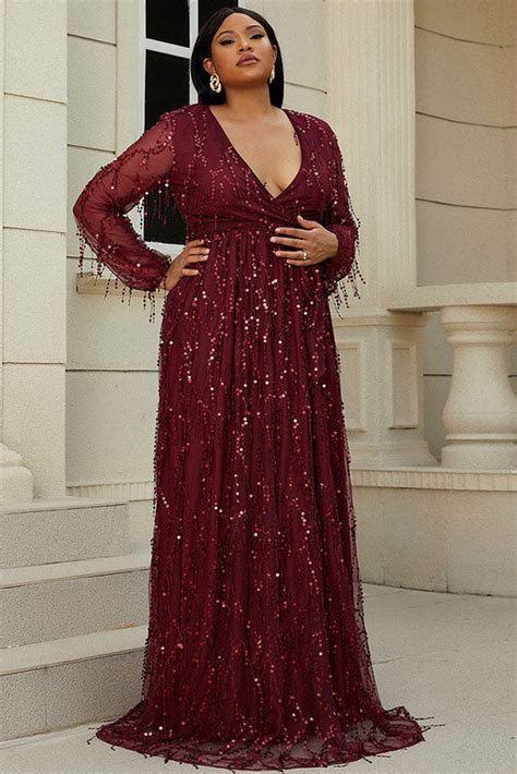 Burgundy Plunging Long Sleeve Plus Size Prom Dress Evening Gown Toadds