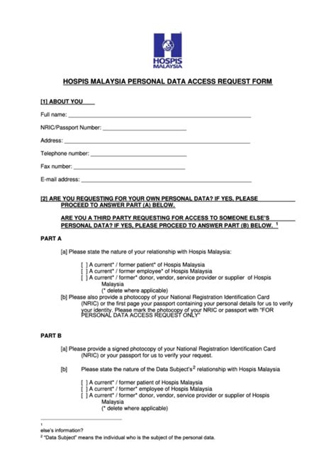 Hospis Malaysia Personal Data Access Request Form Printable Pdf Download
