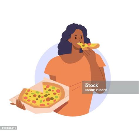 맛있는 패스트푸드 조각을 먹는 상자에 테이크 아웃 맛있는 피자를 들고 있는 젊은 여자 건강에 좋지 않은 음식에 대한 스톡 벡터 아트 및 기타 이미지 건강에 좋지 않은