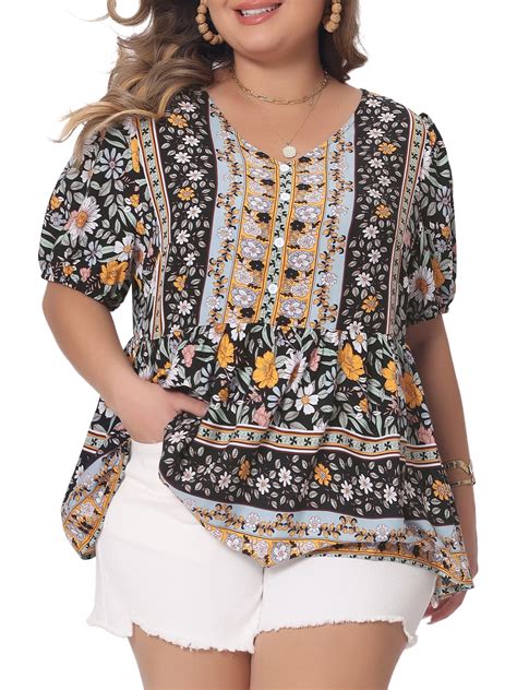 Agnes Orinda Plus Size Boho Floral Print V Neck Short Sleeve Spring Tops Loose Peplum Blouses