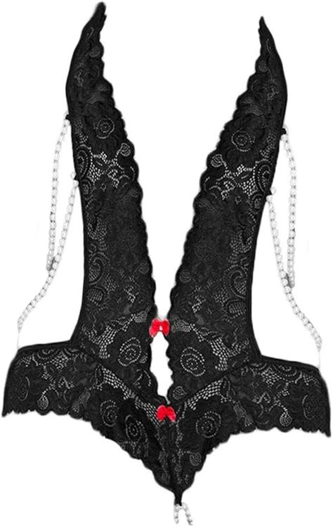 Women Sexy Lace Pearl Hollow Out Racy Sleepwear Jumpsuit