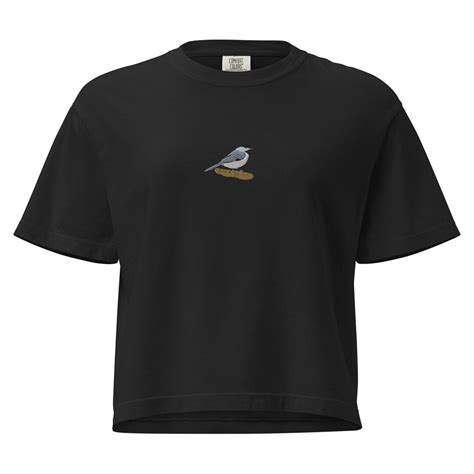 Chickadee Embroidered Bird Tee Womens Heavyweight Boxy T Shirt Soft
