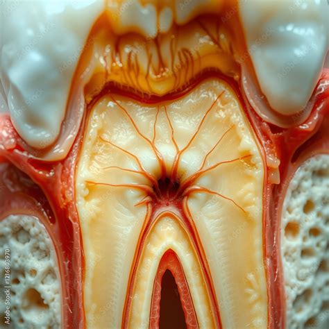 Detailed View Of A Tooth Structure Showcasing Pulp Nerves And