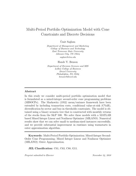 Pdf Multi Period Portfolio Optimization Model With Cone Constraints