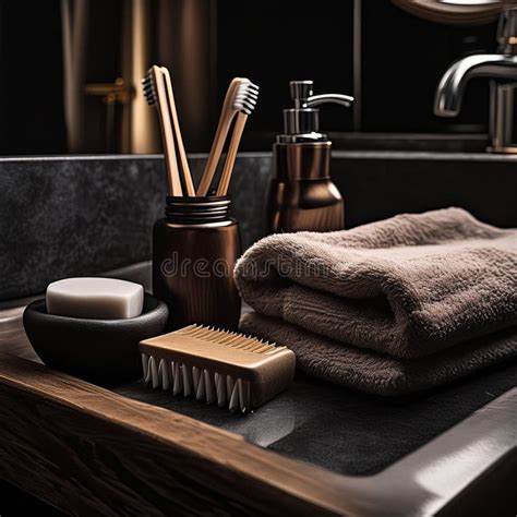 A Bathroom Sink With A Toothbrush Toothpaste Soap And A Towel Stock