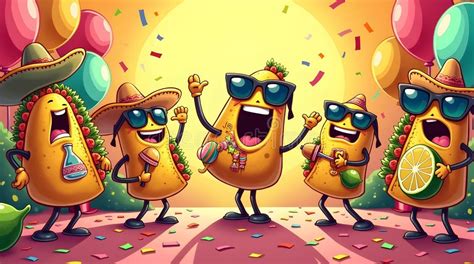 Funny Cartoon Taco And Drinks Partying With Sunglasses And Confetti Happy Mexican Food