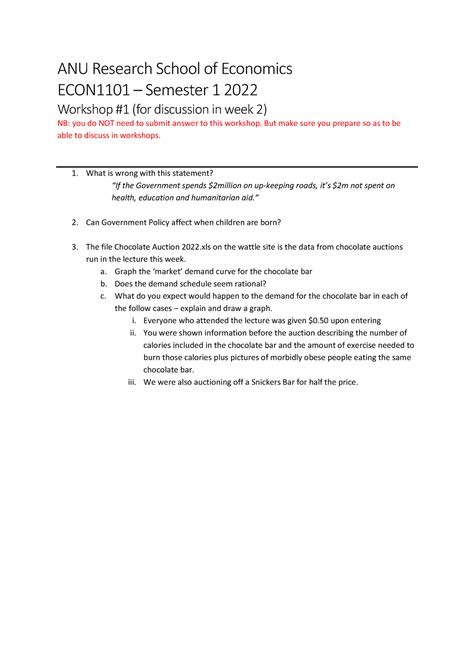 ECON Workshop 1 Questions ANU Research Babe Of Economics ECON1101 Semester 1 202 2
