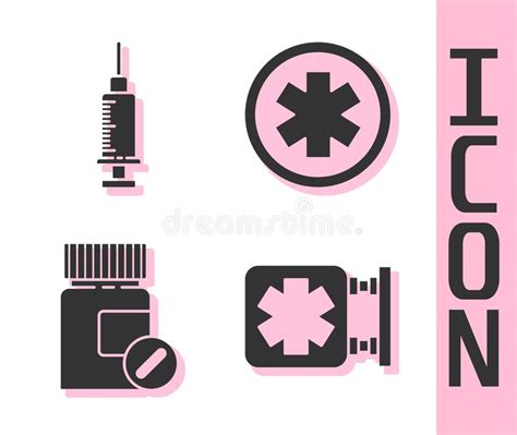 Set Medical Symbol Of The Emergency Syringe Medicine Bottle And Pills