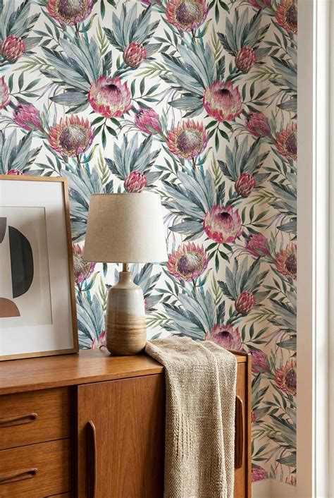 Tropical Floral Wallpaper Pink Protea Botanicals Wallpaper Peel
