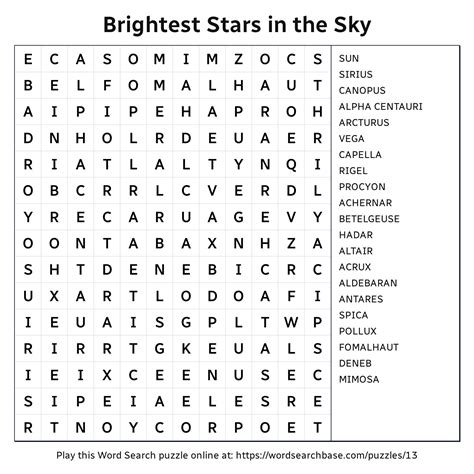 Brightest Stars In The Sky Word Search