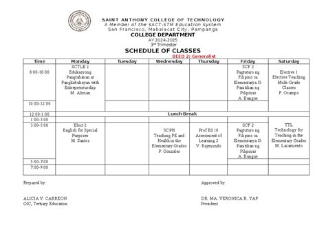Third Trimester Class Schedule For Beed 2 Ay 2024 2025 Studocu