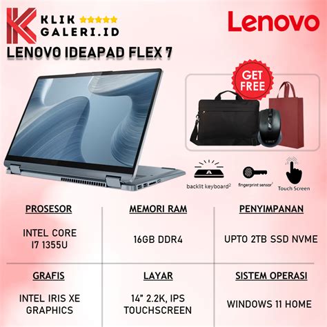 Jual Laptop 2in1 Lenovo Ideapad Flex 7 14 Intel Evo I7 1355U RAM 16GB 2TB SSD 14 Inch 2 2K