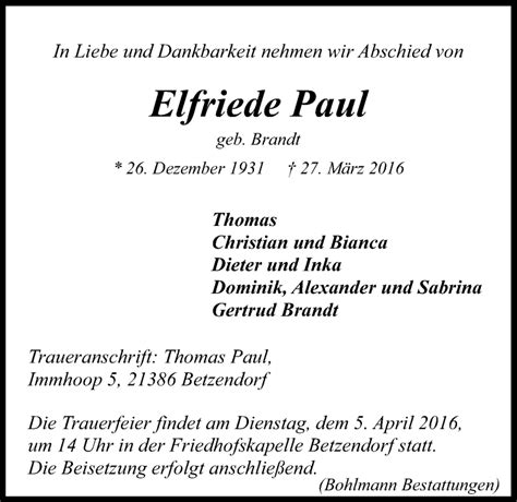 Traueranzeigen Von Elfriede Paul Trauer Lüneburg De
