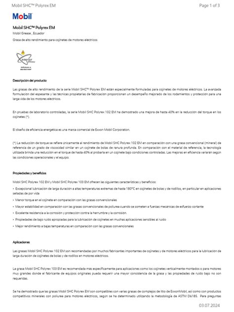 Gl Xx Mobil Shc Polyrex Em Pdf Rodamiento Mecánico Lubricante