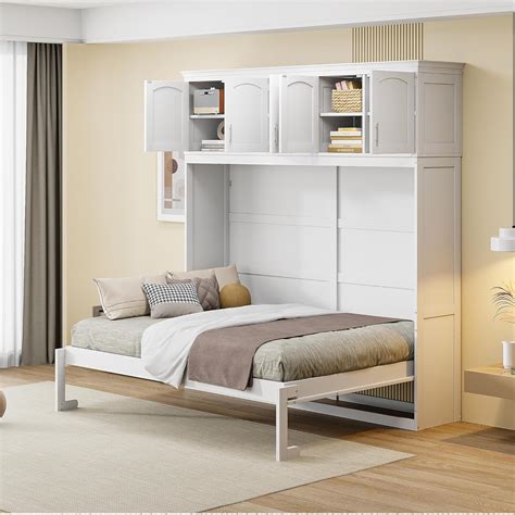 Goeurvant Full Size Murphy Bed With 3 Cabinets Wood Space